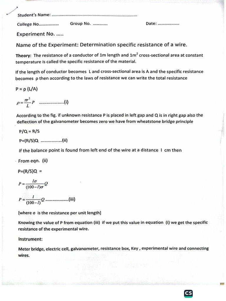 Physics Practical (Specific Resistance) | PDF