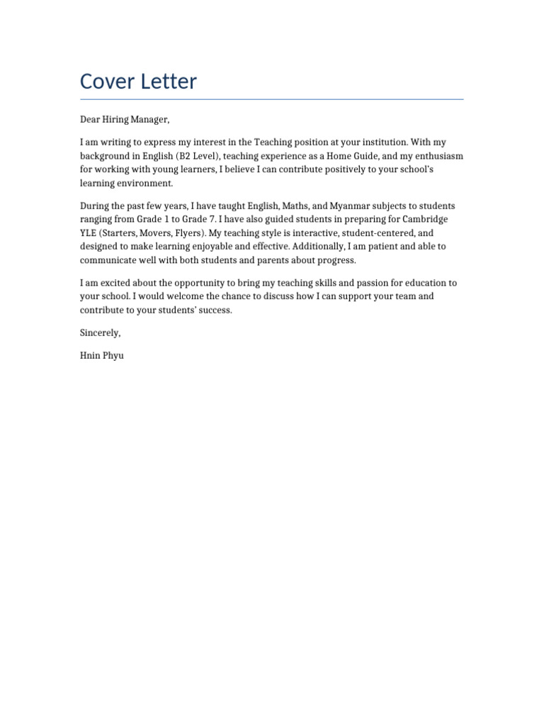 Hnin Phyu Cover Letter | PDF
