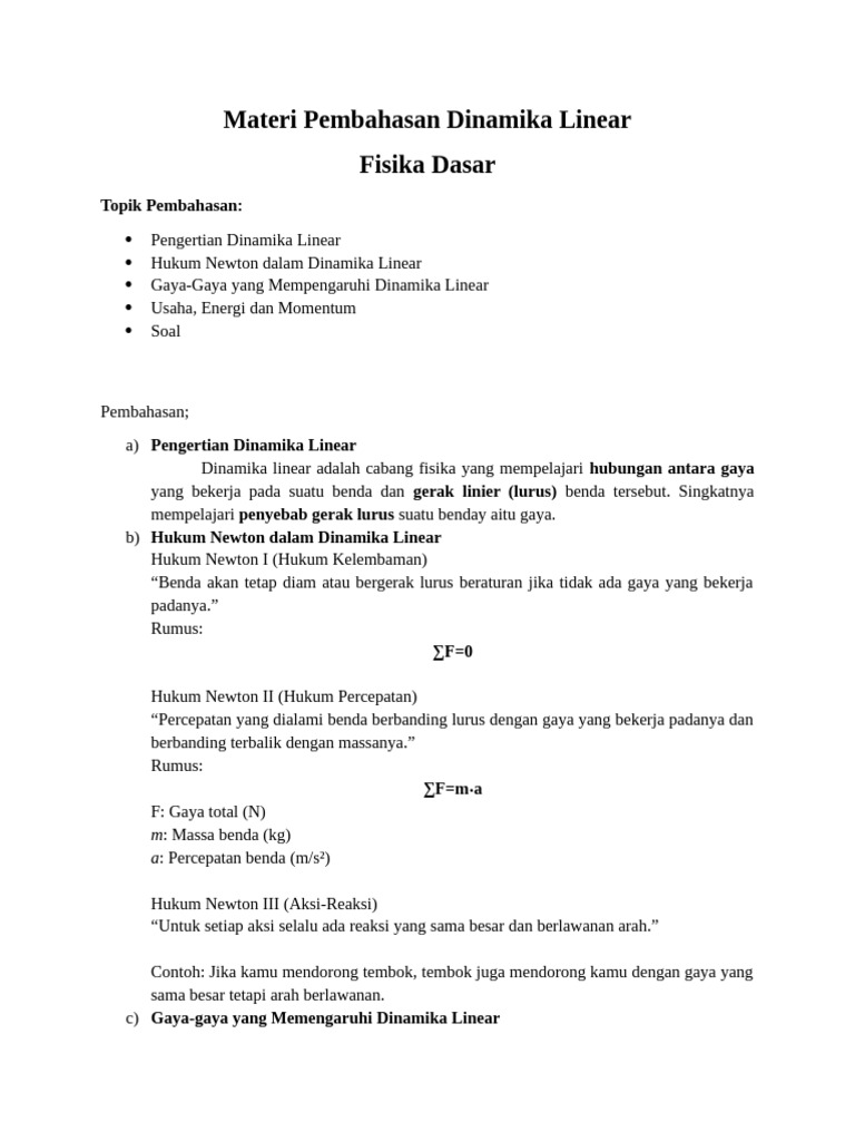 Materi Pembahasan Dinamika Linear Fisika Dasar | PDF