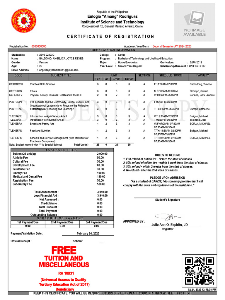 Certificate of Registration - AY 2024-2025 | PDF | Fee