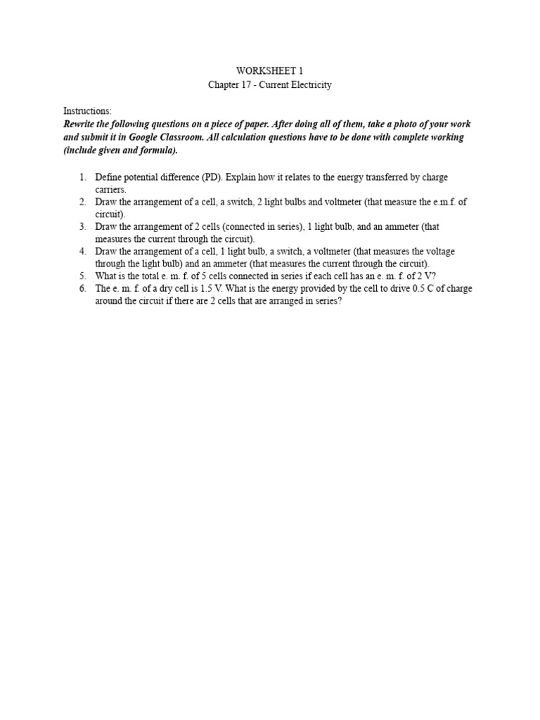 Current Electricity Worksheet Questions | PDF
