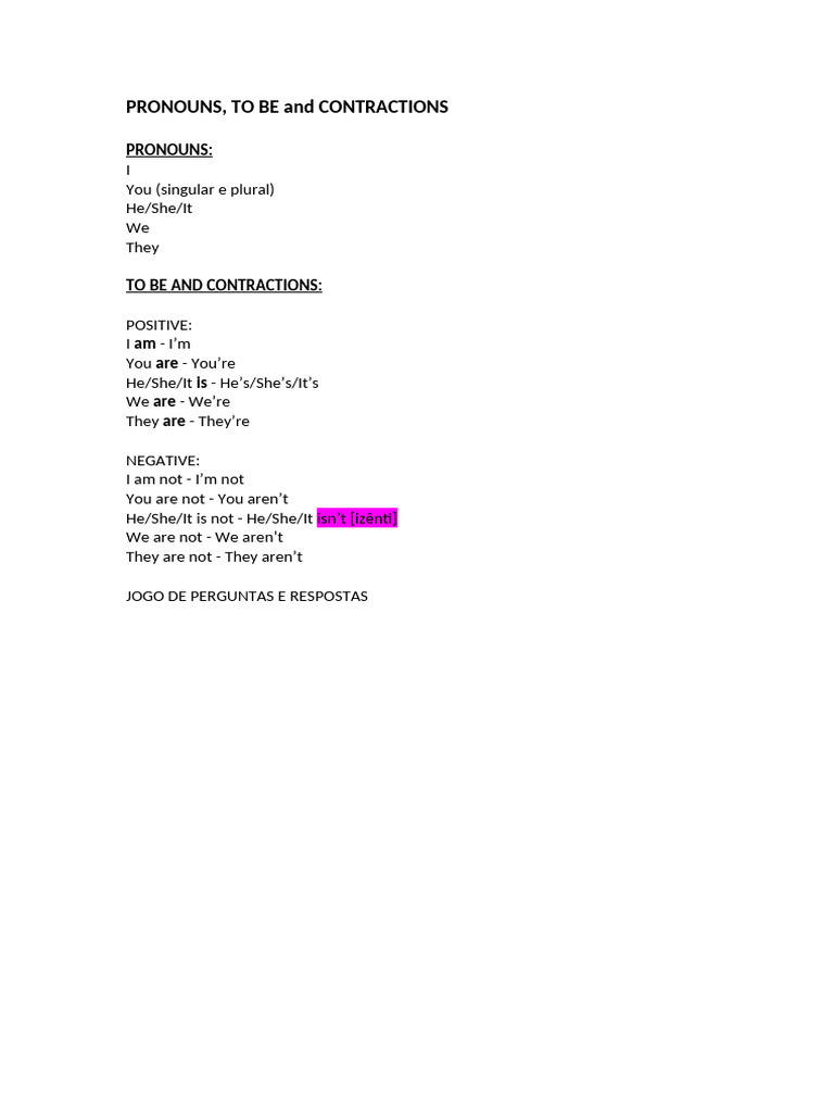 Pronouns, To Be and Contractions | PDF