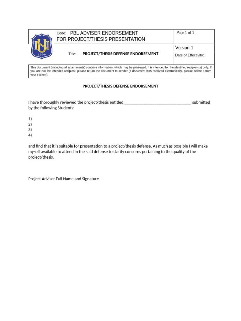 Project Thesis Endorsement For Defense | PDF