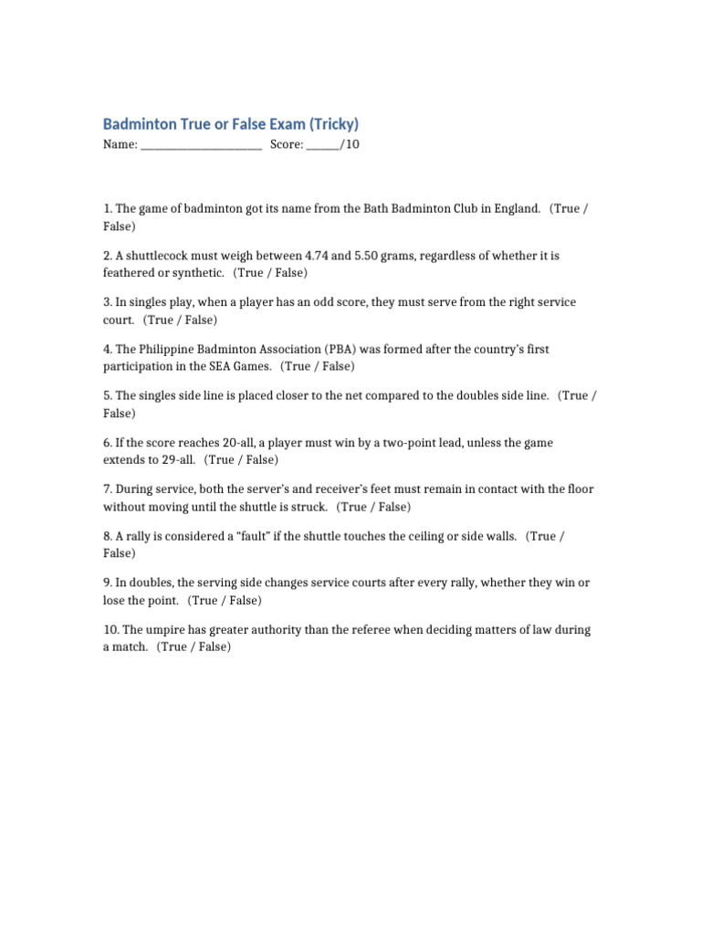 Badminton True or False Quiz | PDF