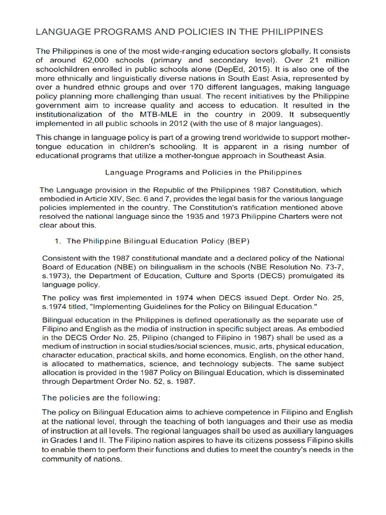 Language Programs and Policies in The Philippines | PDF