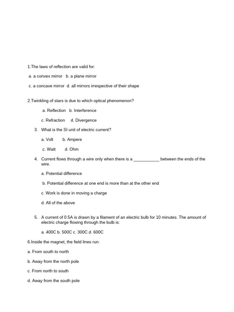 Physics Quiz: Optics & Electricity Concepts | PDF | Electric Current ...