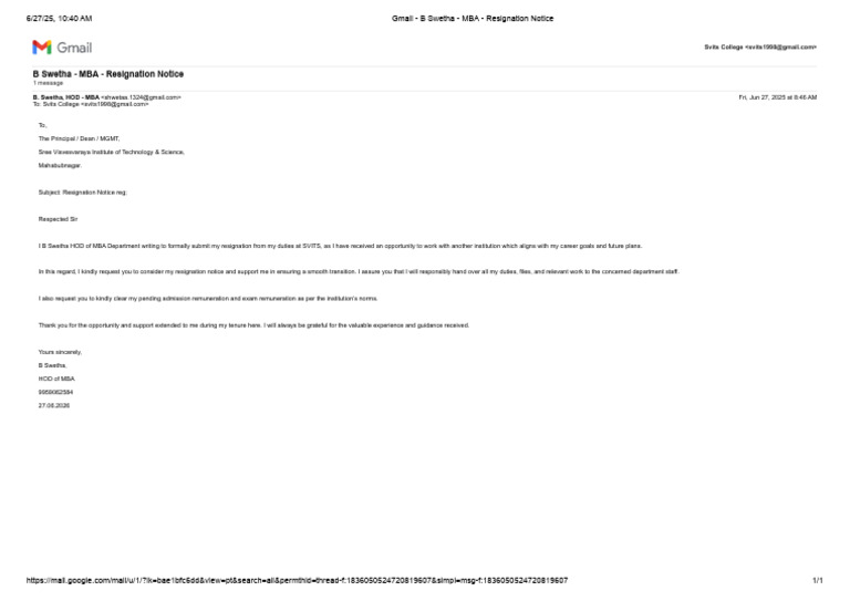 Gmail - B Swetha - MBA - Resignation Notice | PDF