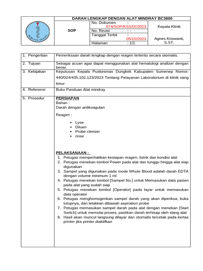 SOP Pemeriksaan Darah Lengkap Mindray | PDF