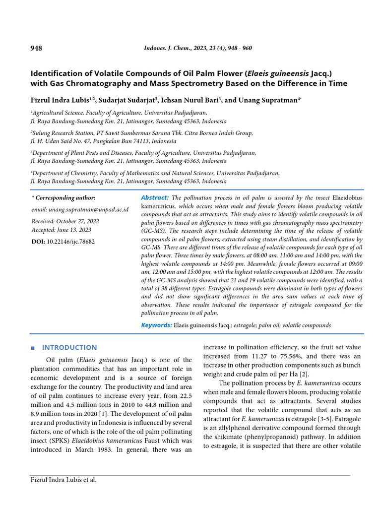 Identification of Volatile Compounds of Oil Palm Flower (Jacq.) With ...