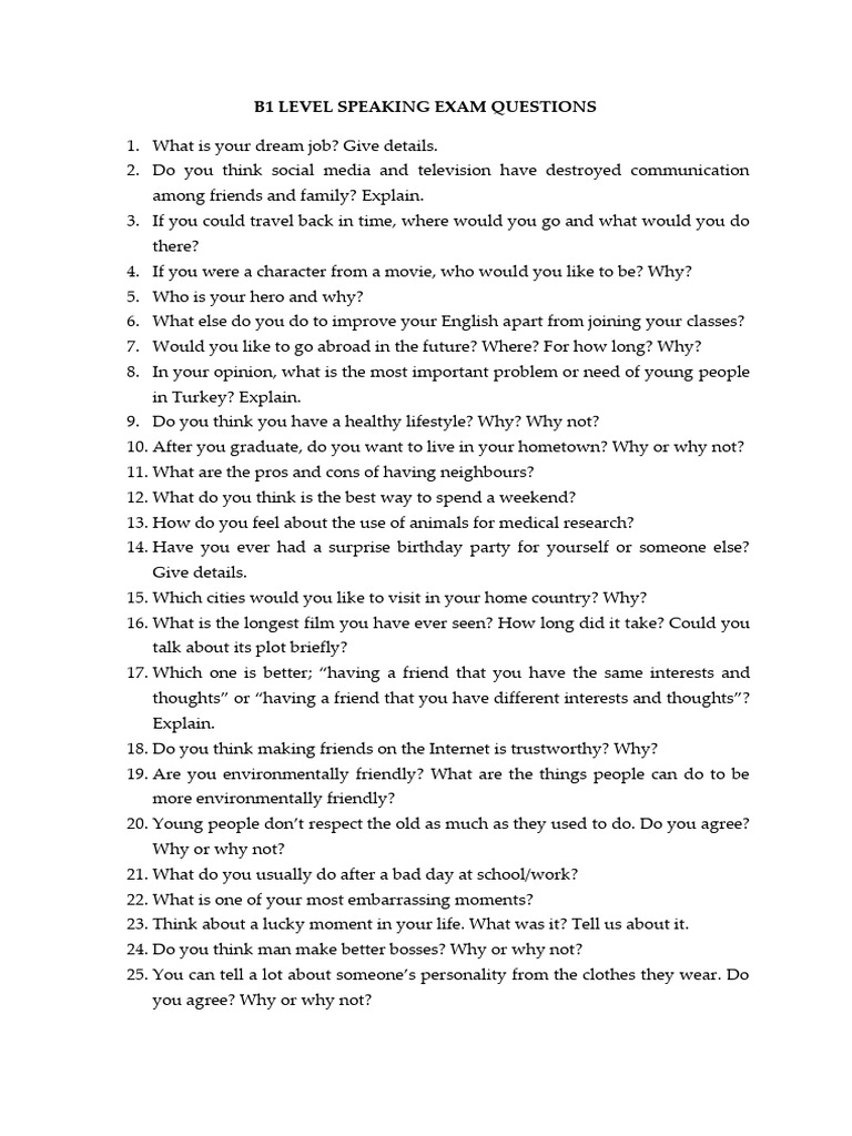 Ee0b - B1 Level Speaking Exam Questions | PDF