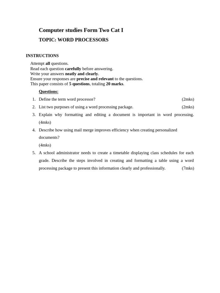 Computer Studies Form Two Cat I | PDF