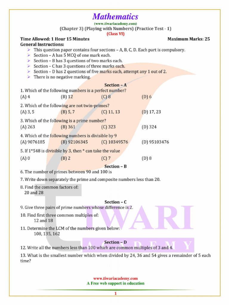 6 Maths Chapter 3 Test 1 Pdf