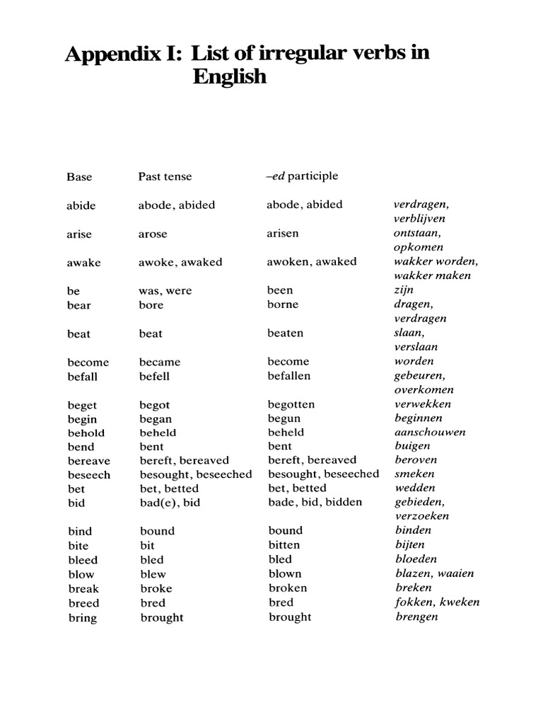 English Irregular Verbs List | PDF | Verb | Grammatical Tense