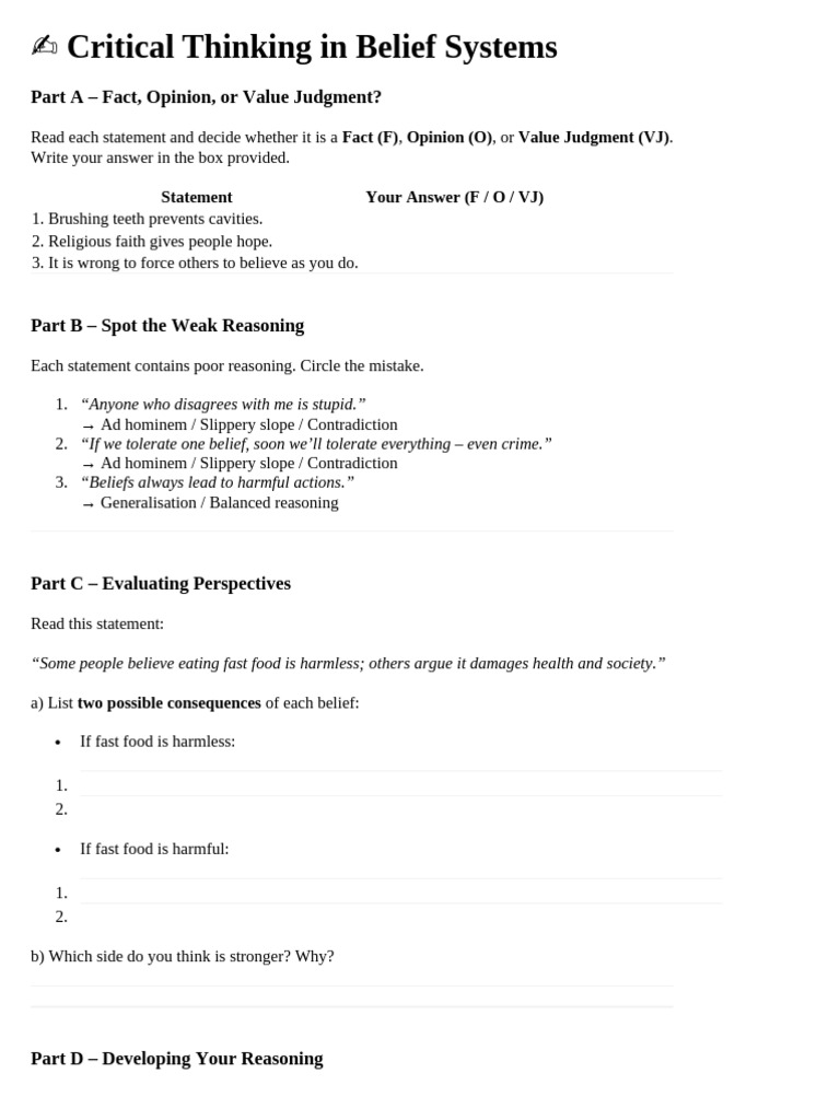 Critical Thinking in Belief Systems Guide | PDF