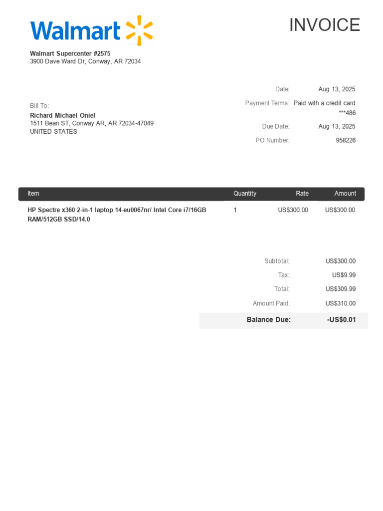Walmart Invoice #2575 for Purchase | PDF