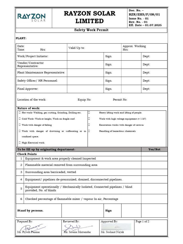 08 Safety Work Permit (Rzn-Ehs-F-08-01) | PDF | Welding | Construction