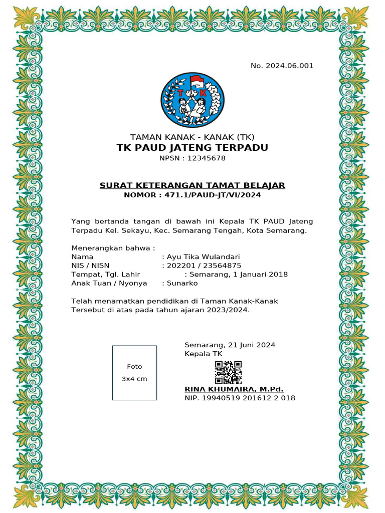 SKTB Ijazah PAUD Jateng Kurikulum Merdeka WWW | PDF