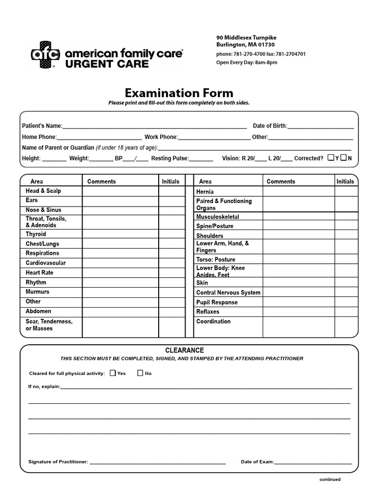 Amerian Family Care Examination Form US | PDF | Medical Specialties ...