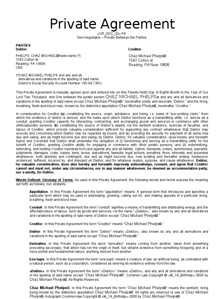 Private Agreement Sample - Doc - 0 | PDF | Uniform Commercial Code | Debtor