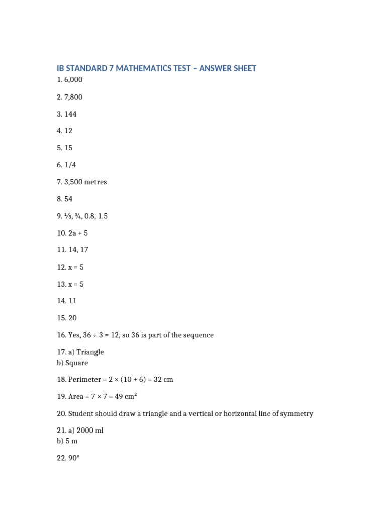 IB Std7 Maths Test Answers | PDF