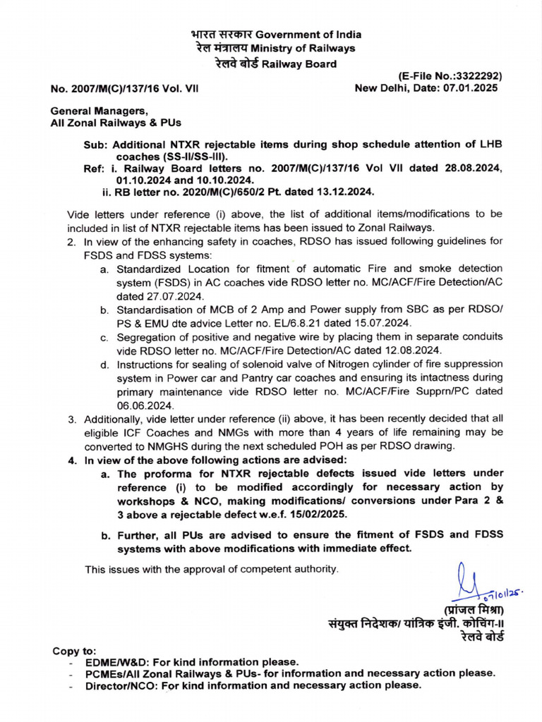 Letter To ZR Reg Additional NTXR Rejectable Items of LHB Coaches Dated ...