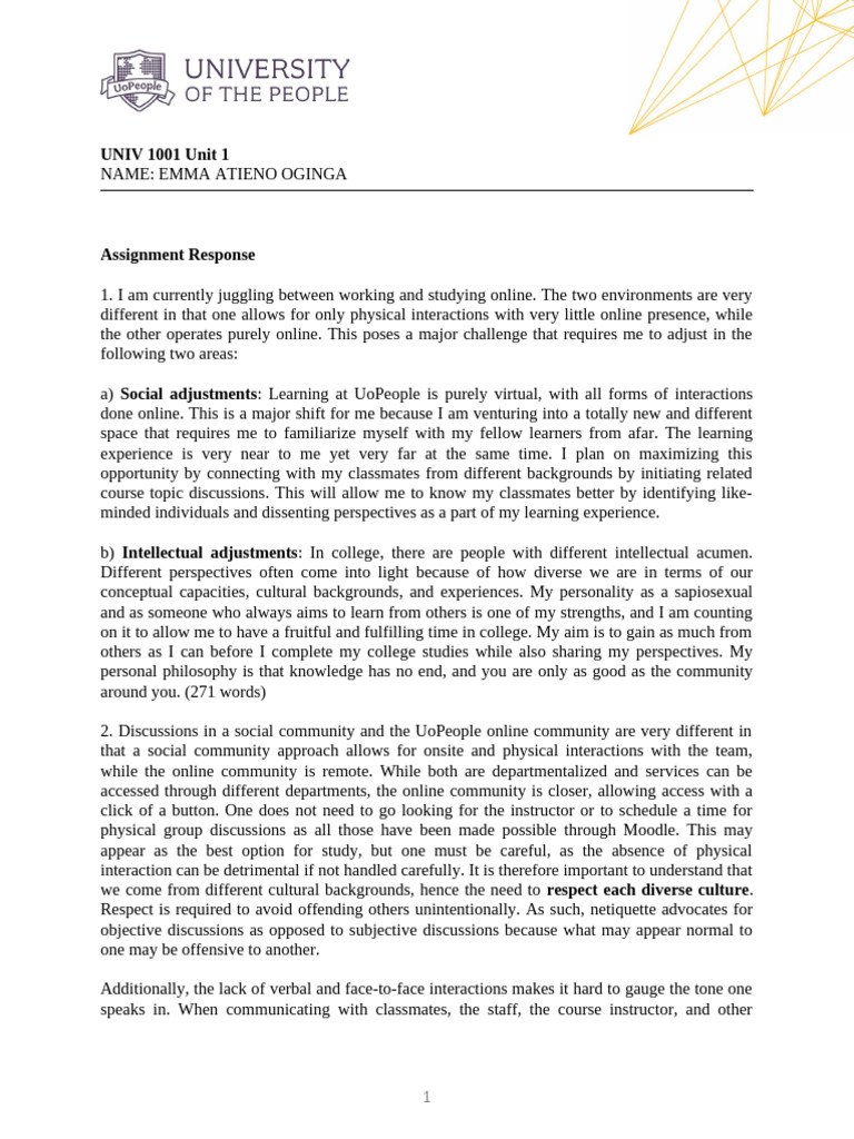 UNIV 1001 - Unit 1 - Assignment Template | PDF | Learning | Liberal ...