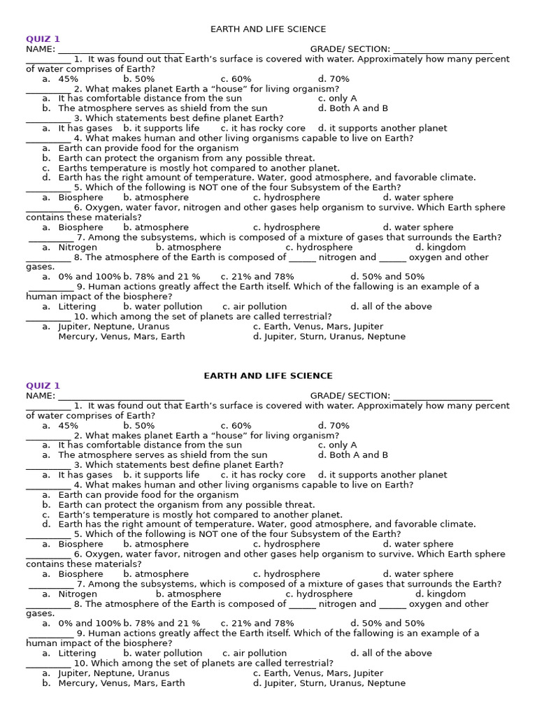 Earth and Life Science Quiz Questions | PDF | Atmosphere | Earth