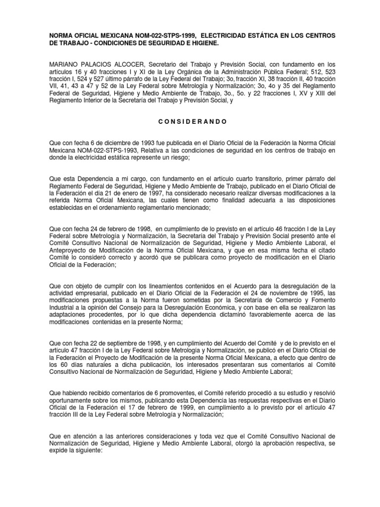 Nom 022 STPS 1999 | PDF | Descarga electrostática | Electricidad