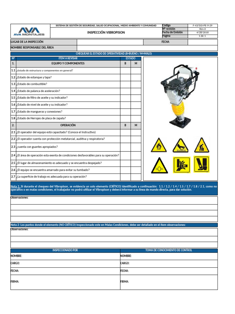F-43 Check List Vibropisón Rev 0 | PDF