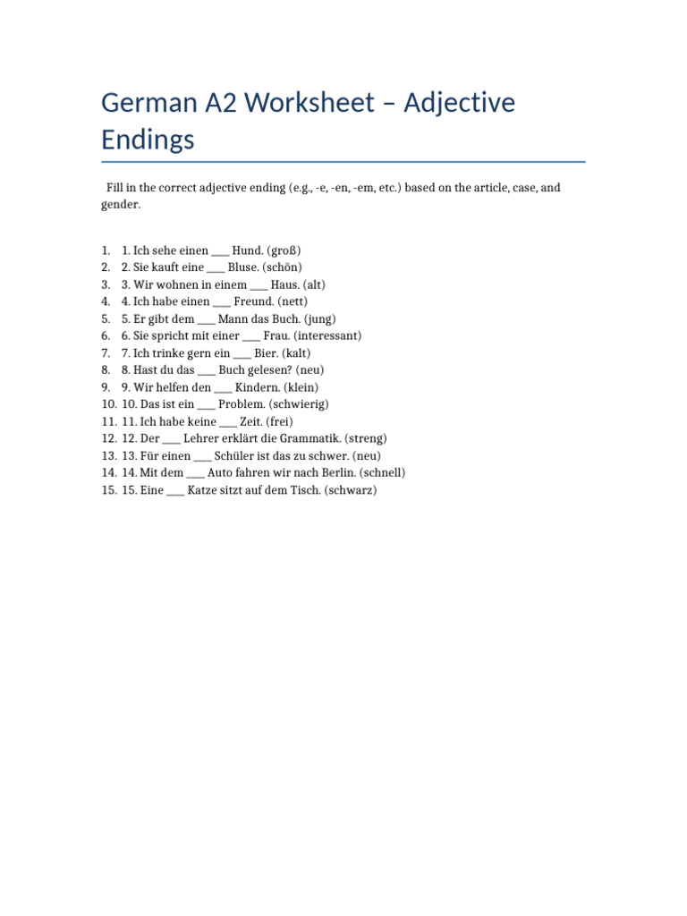 A2 German Adjective Endings Worksheet | PDF
