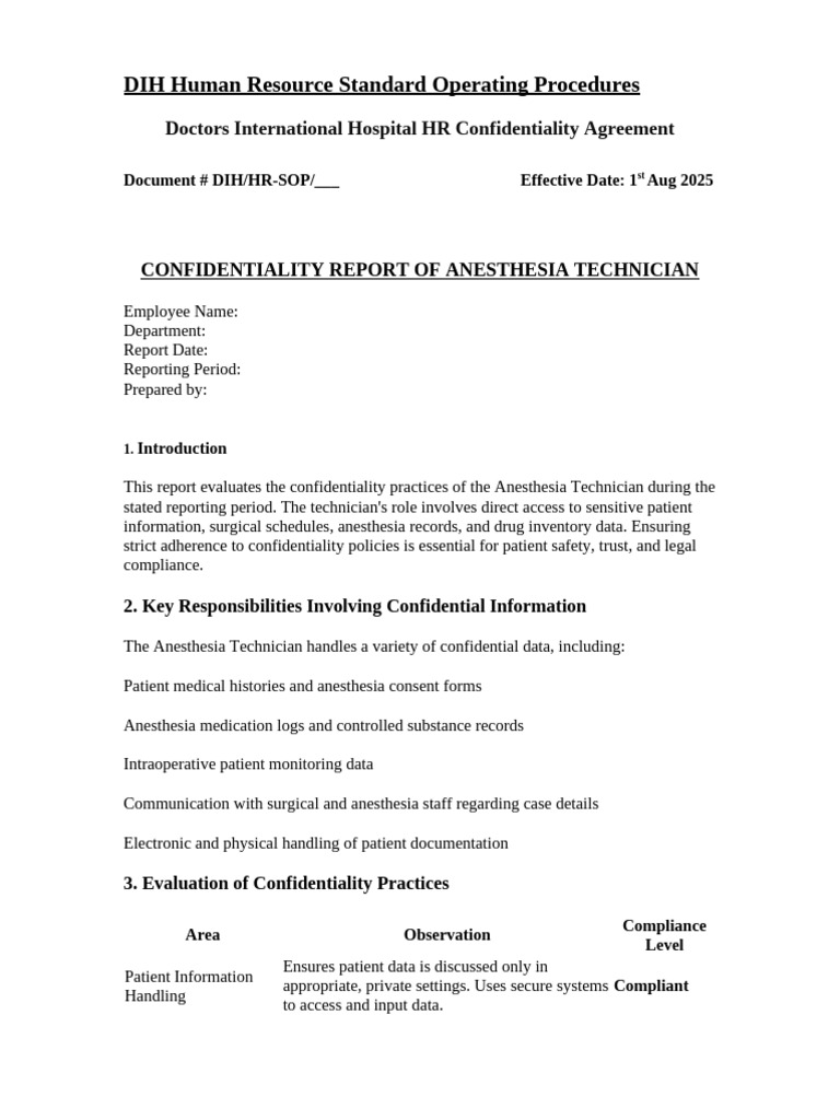 Anesthesia Technician Confidentility Report | PDF | Confidentiality ...