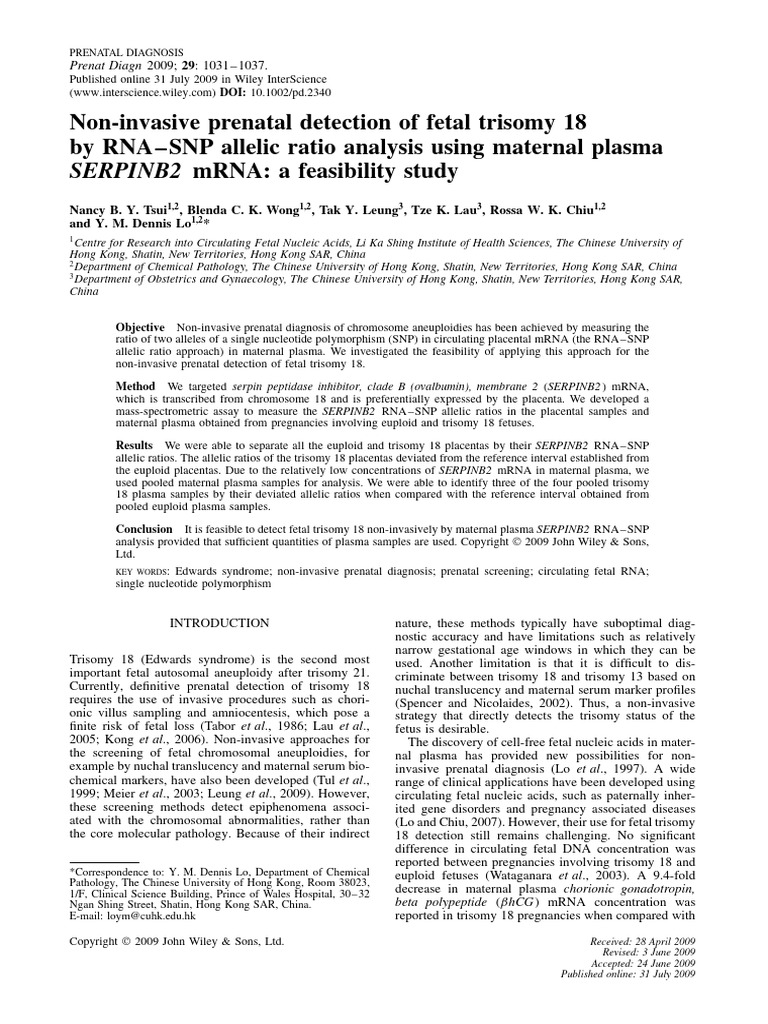 Prenatal Diagnosis - 2009 - Tsui - Non Invasive Prenatal Detection of ...