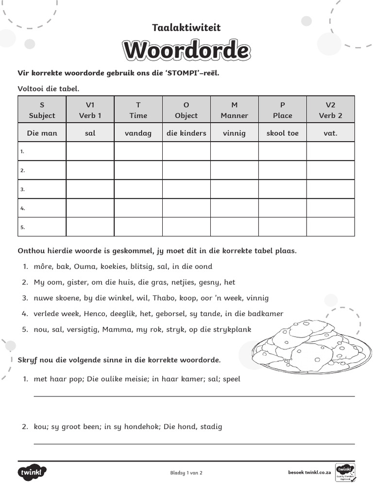 Graad 4 - Afrikaans EAT - Taalaktiwiteit Woordorde B&W | PDF