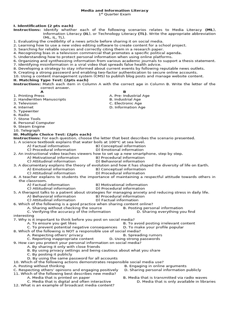 Media and Information Literacy Exam Guide | PDF | Information | News