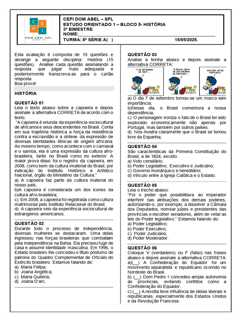 EO1_-_8ª_SÉRIE_-_BLOCO_5_-_.HIST_-_3º_BIM[2] | PDF | Brasil | Independência