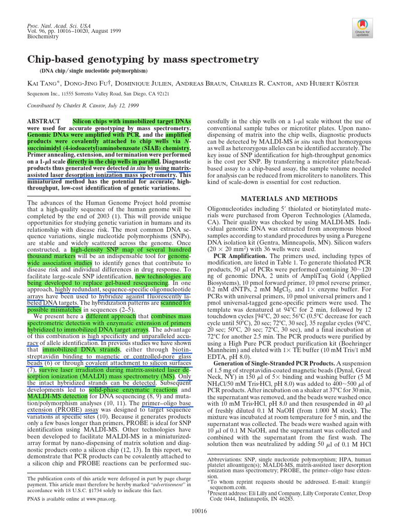 (1999) Chip-Based Genotyping by Mass Spectrometry | PDF | Polymerase ...