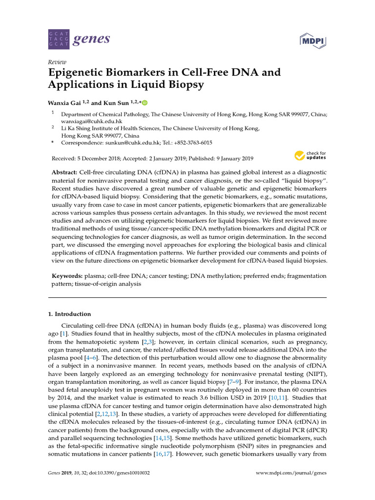 (2019) Epigenetic Biomarkers in Cell-Free DNA and Applications in ...