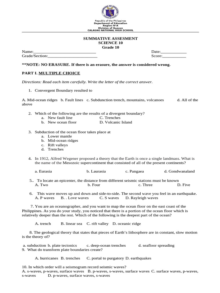 SUMMATIVE TEST-SCIENCE-1st QTR | PDF | Plate Tectonics | Applied And ...