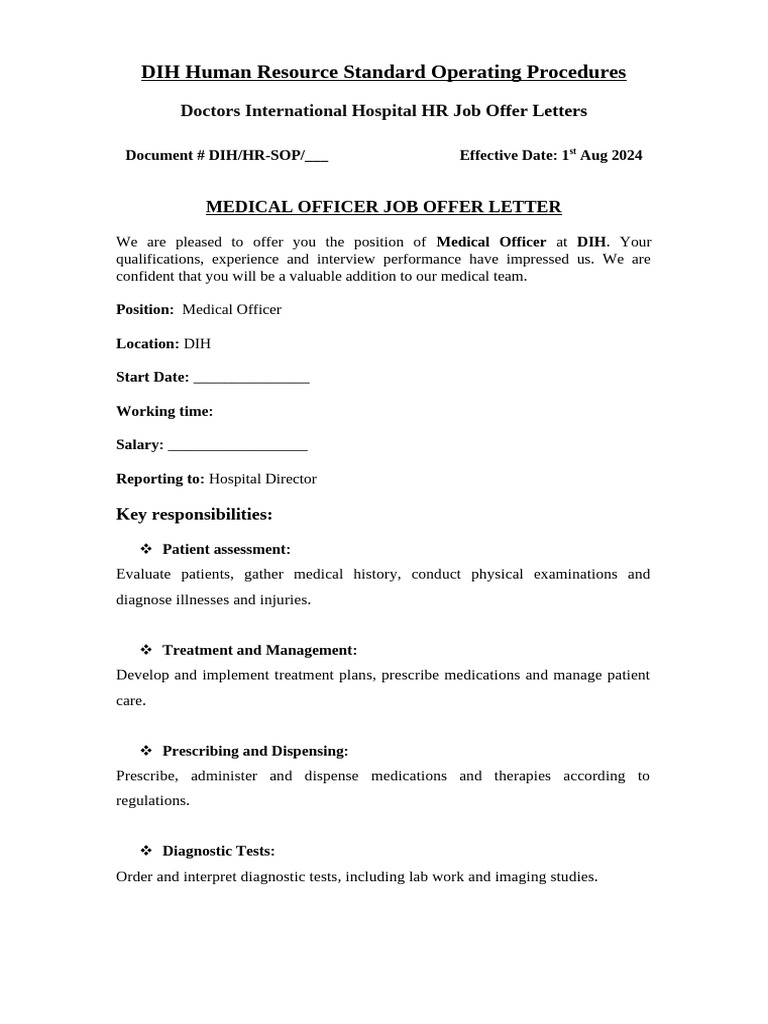 Medical Officer Job Offer Letter Template | PDF