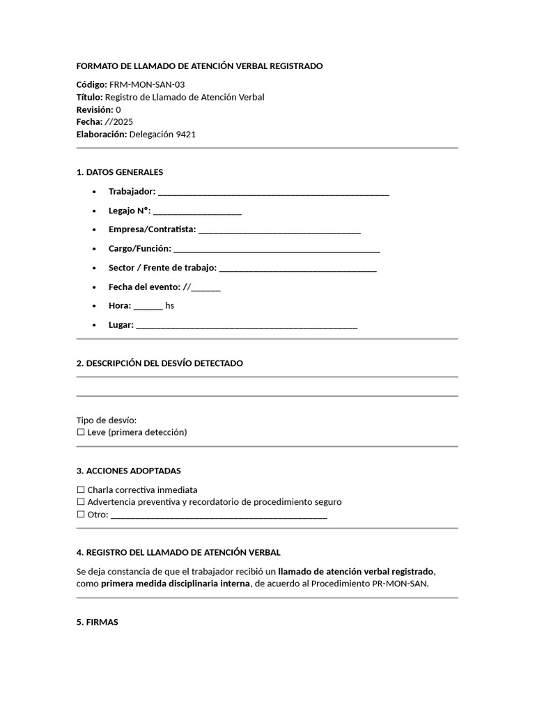 Llamado de Atención Verbal Registrado | PDF