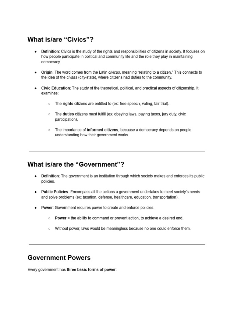 Introduction to Civics and Government | PDF | Separation Of Powers ...