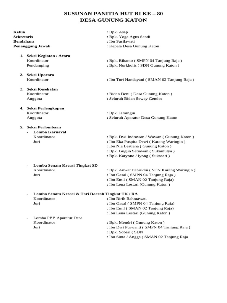 Susunan Panitia Hut Ri Ke - 80 | PDF