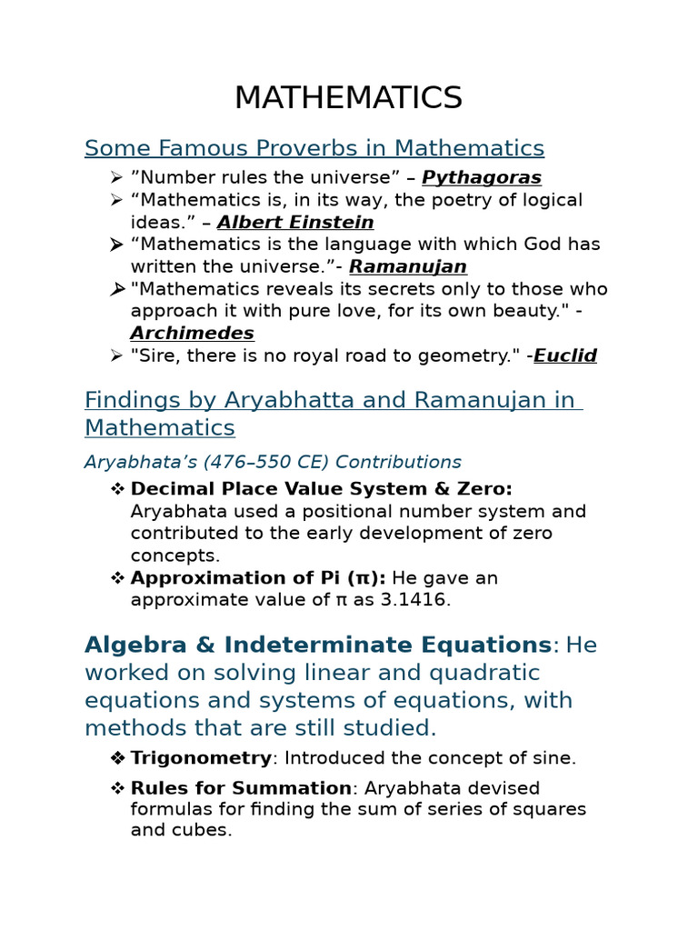 Famous Mathematical Proverbs and Contributions | PDF
