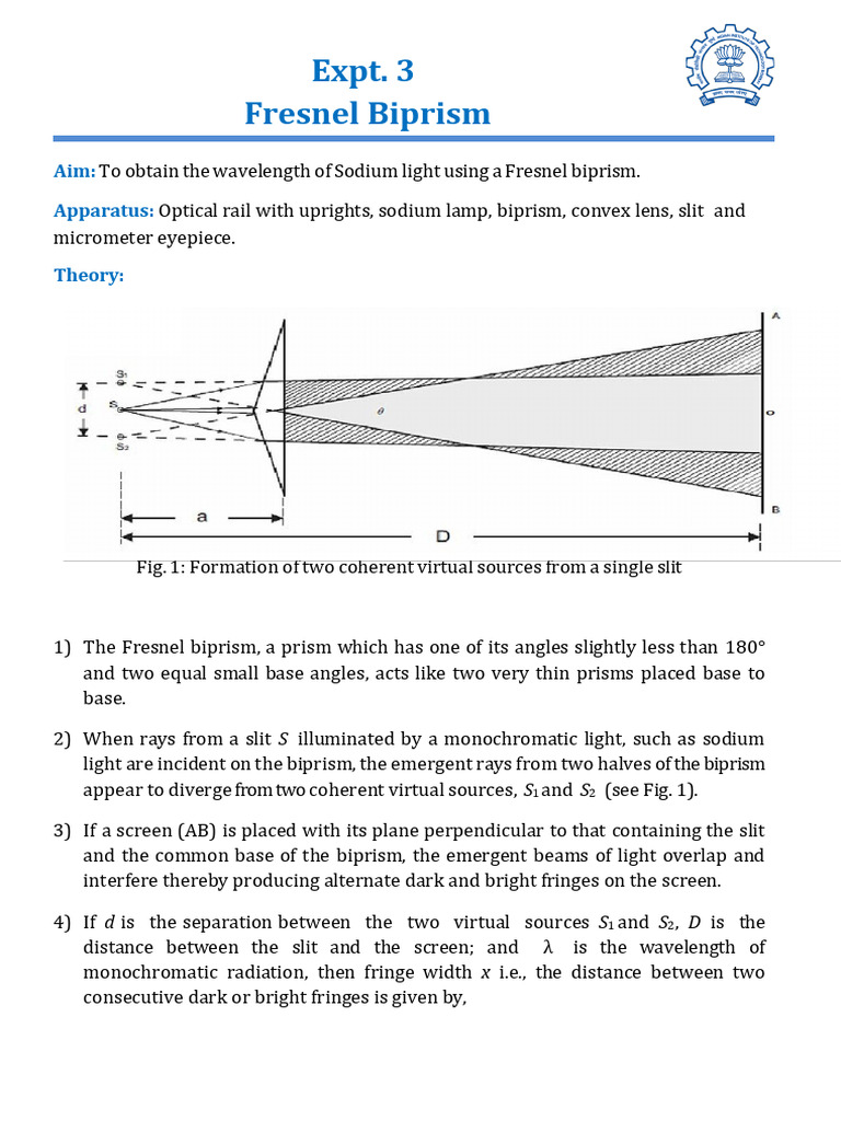 Measure Sodium Wavelength with Fresnel Biprism | PDF | Optics ...