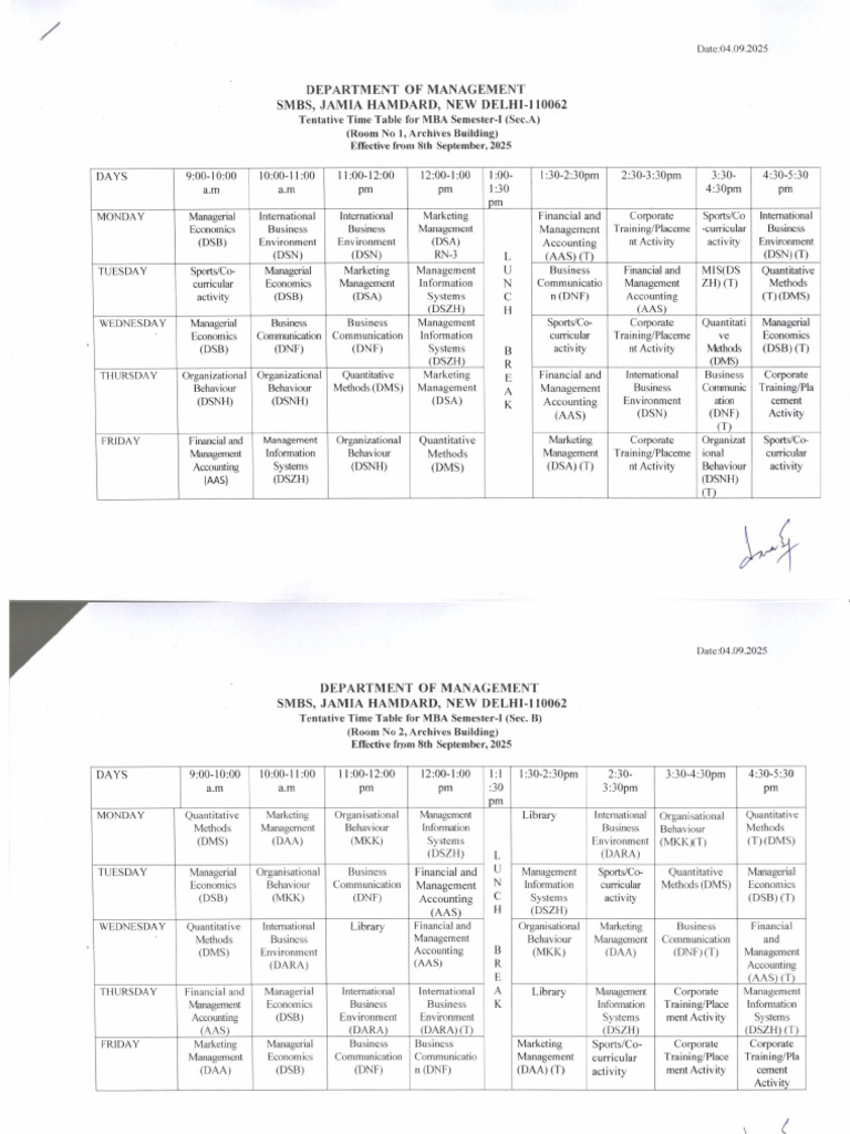Tentative Time Table For MBA Sem 1 (2025) | PDF