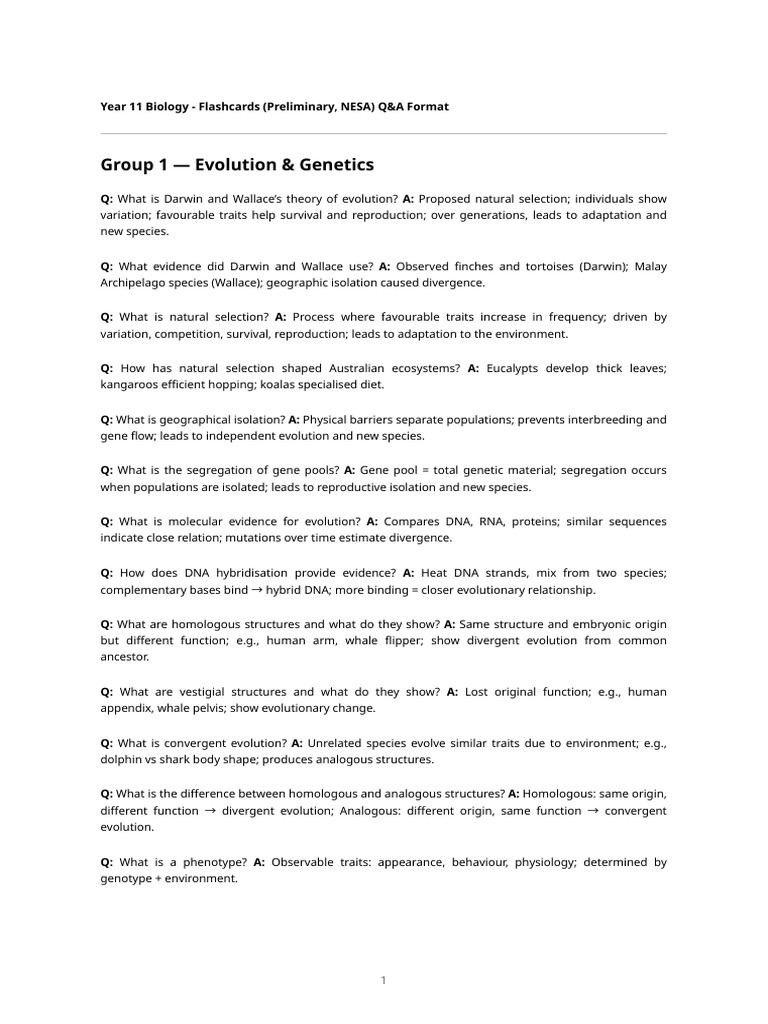 Year 11 Biology Flashcards: Evolution & Genetics | PDF | Evolution ...