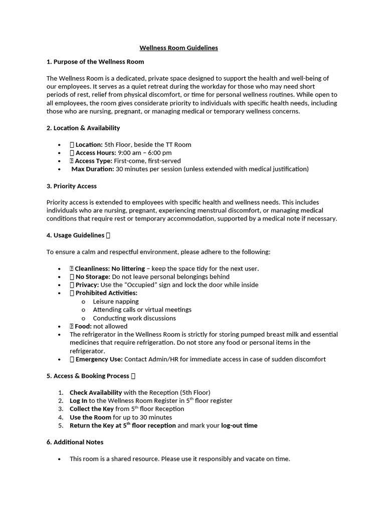 Wellness Room Usage Guidelines | PDF