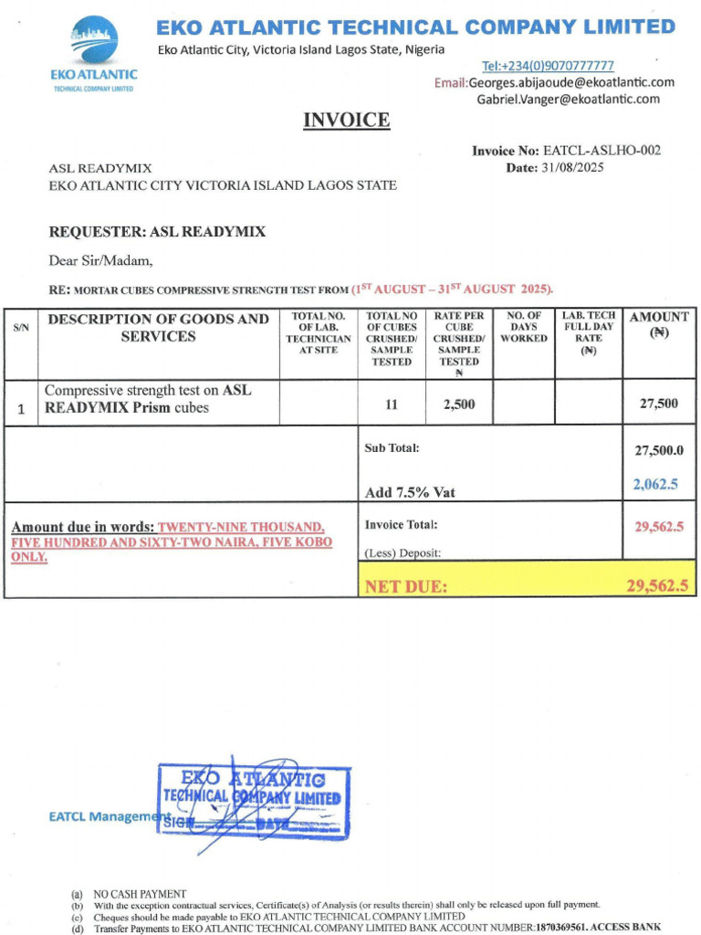 Asl Readymix August Invoice 2025 | PDF