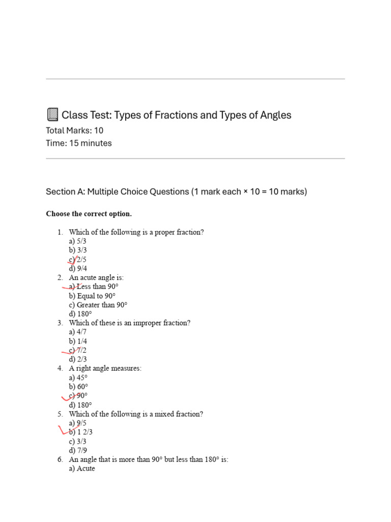 Class Test on Fractions and Angles | PDF
