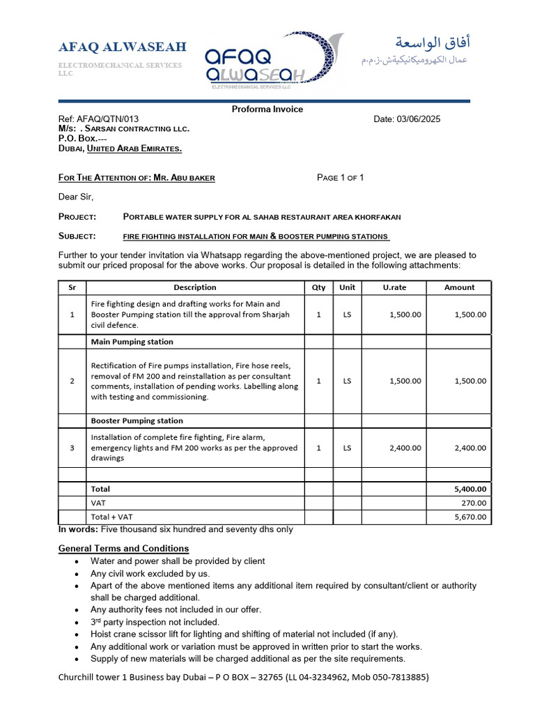 Afaq Proforma Invoice for Booster Pumping Station Fire Figting & Fire ...
